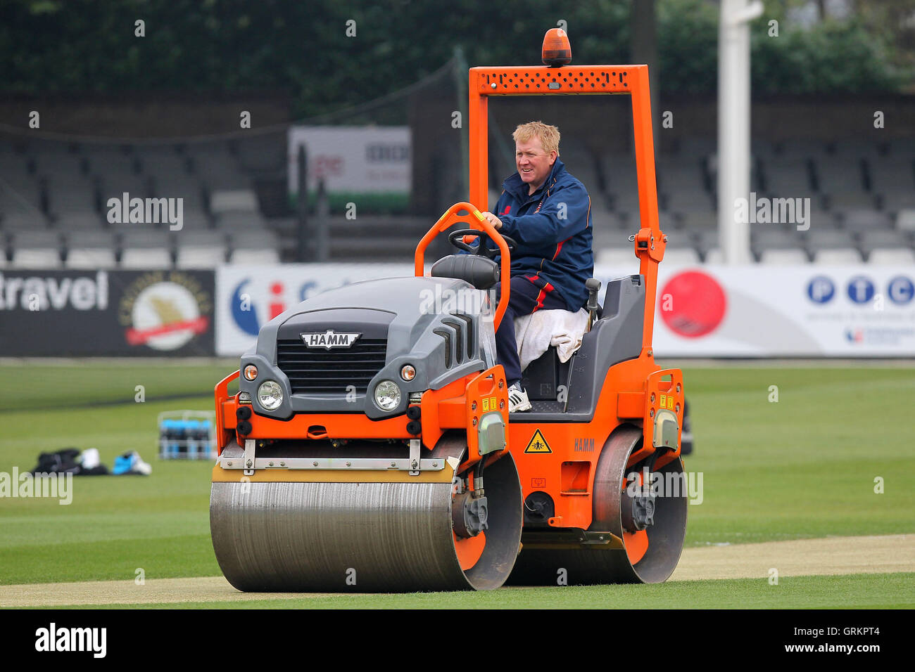 Essex head groundsman Stuart Kerrison rolls the pitch ahead of the ...