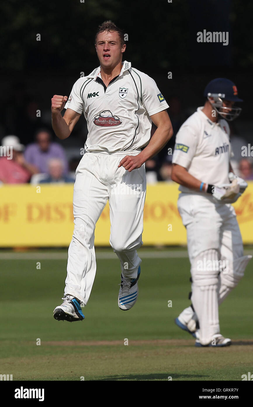 Charlie Morris of Worcestershire celebrates taking the wicket of Greg ...