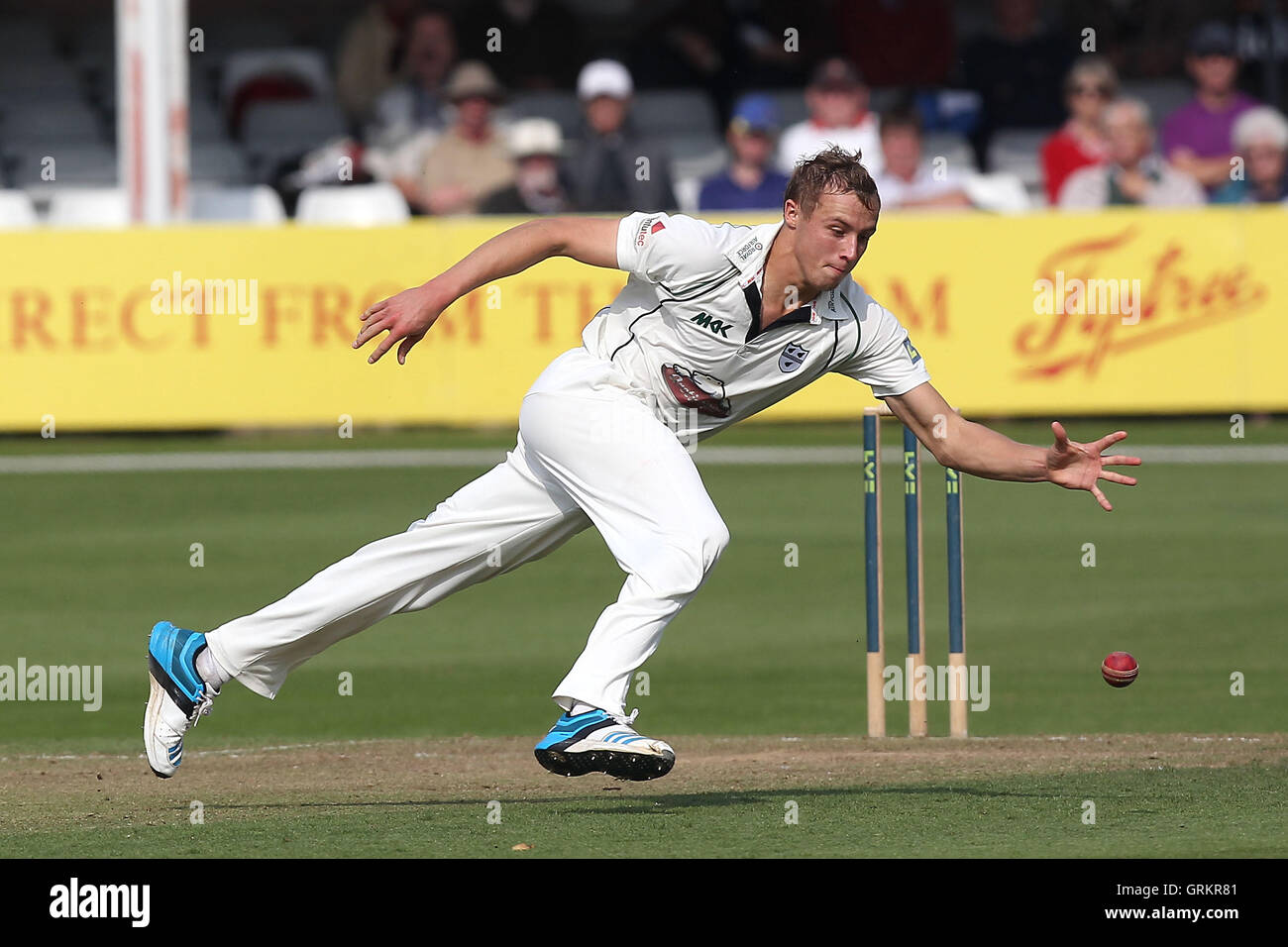 Charlie Morris of Worcestershire dives to field the ball - Essex CCC vs ...