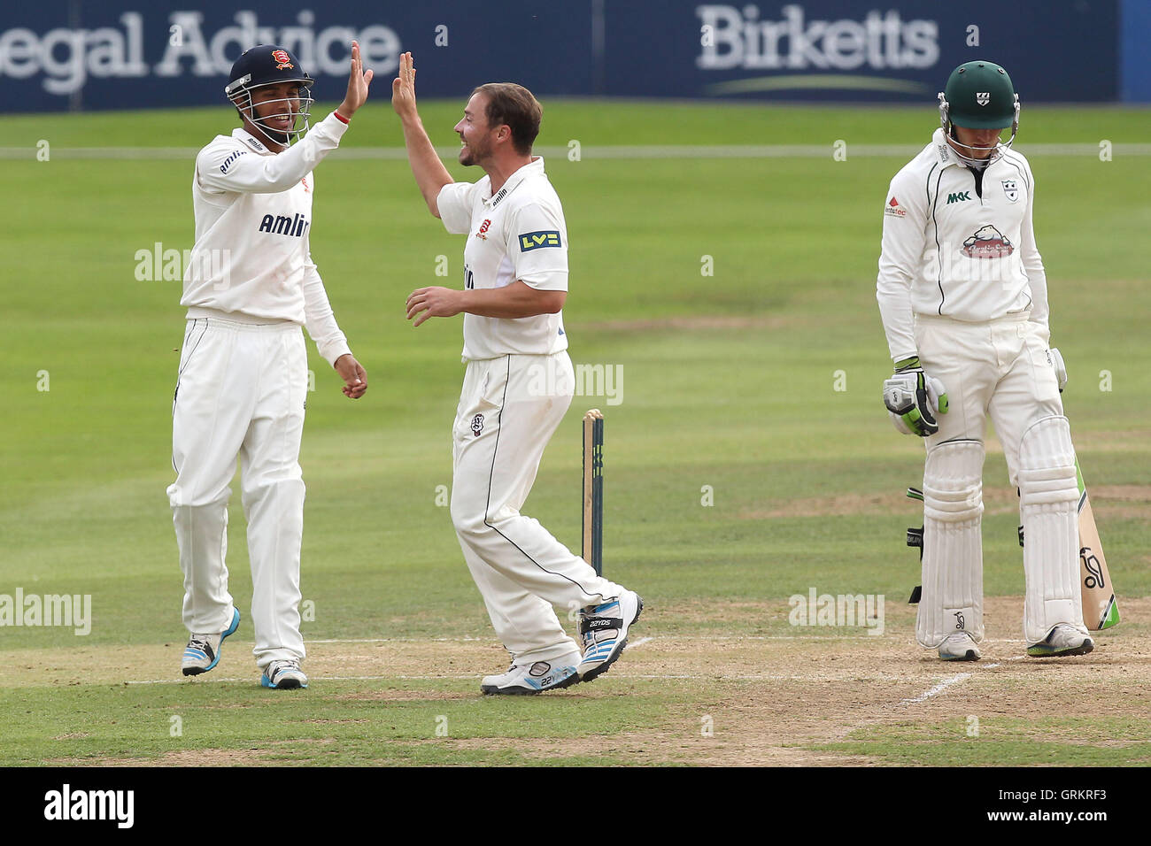 Graham Napier of Essex (C) celebrates the wicket of Ben Cox (R) - Essex ...