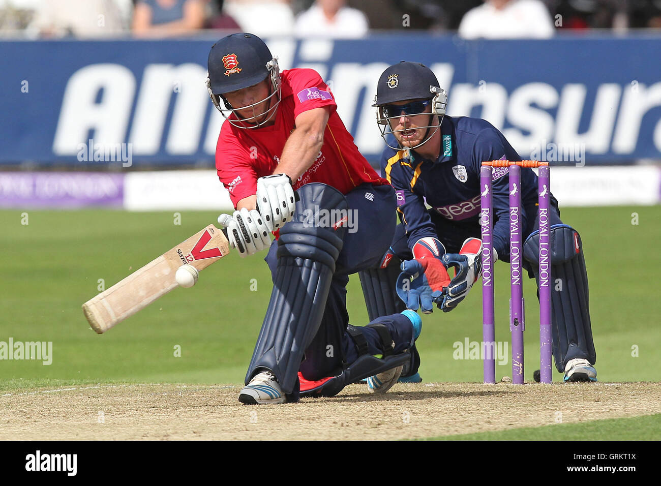 Tom Westley in batting action for Essex as Adam Wheater looks on ...