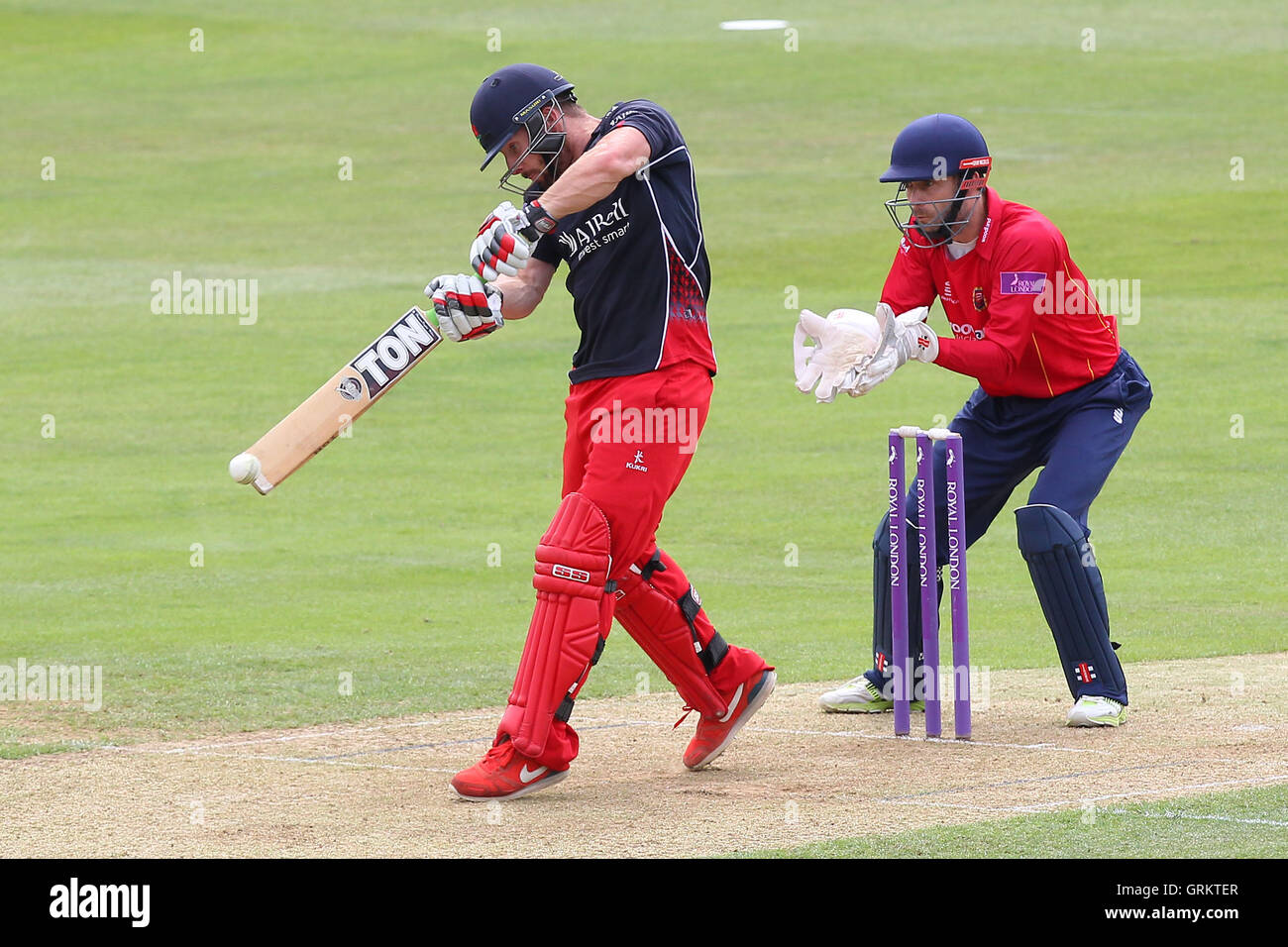 Steven Croft in batting action for Lancashire as James Foster looks on ...