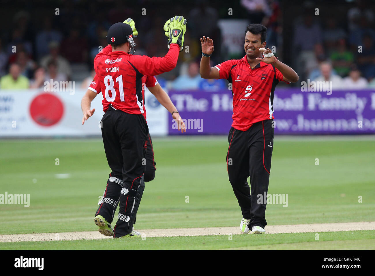 Shiv Thakor of Leicestershire (R) celebrates the wicket of Ryan ten ...