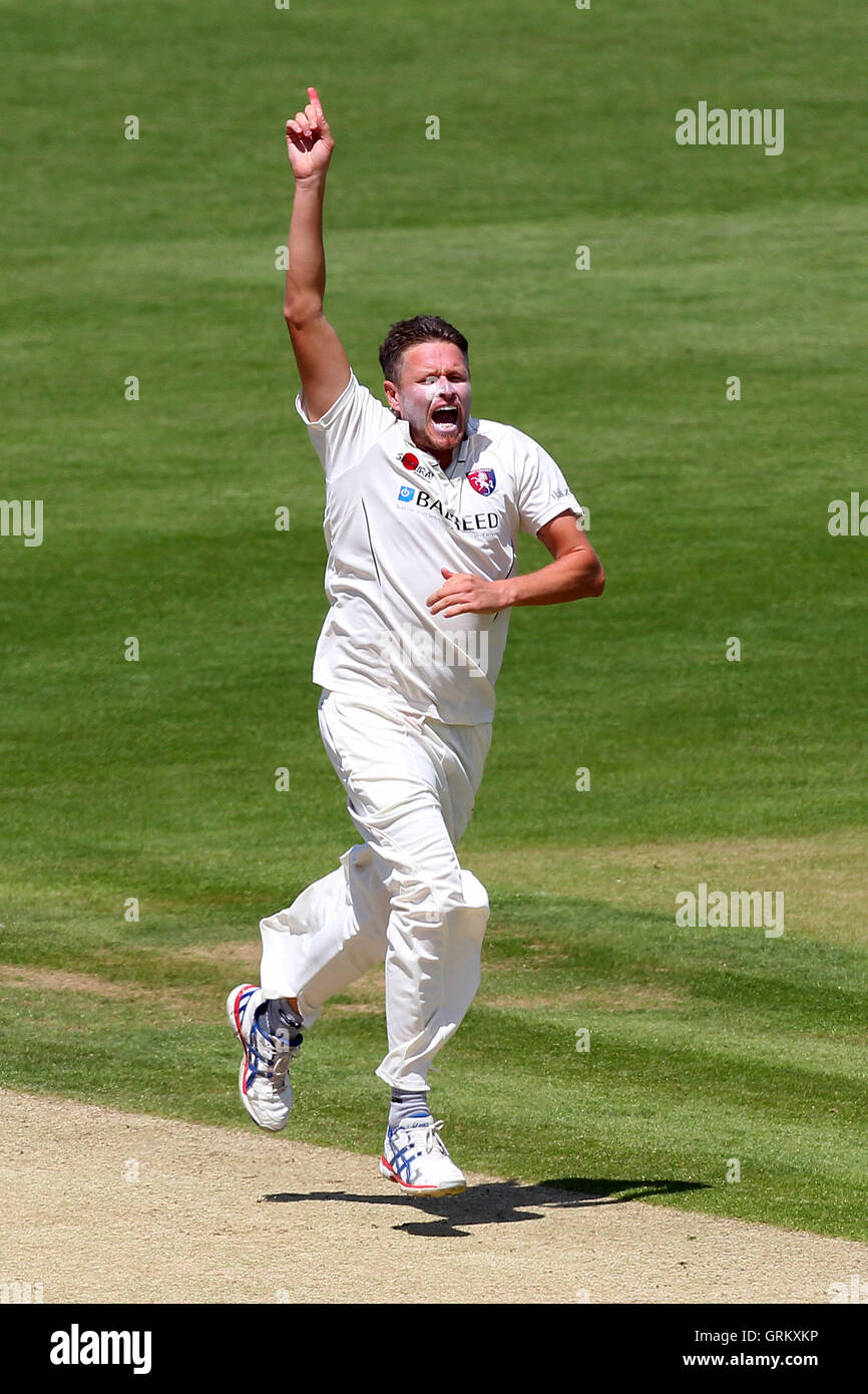 Mitchell Claydon of Kent celebrates the wicket of Nick Browne - Kent ...