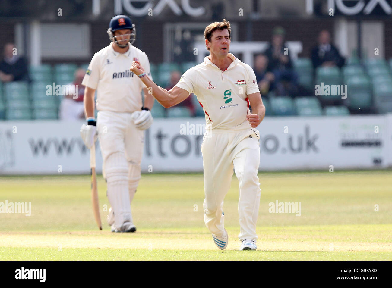 Rob Taylor of Leicestershire celebrates the wicket of Tom Westley ...