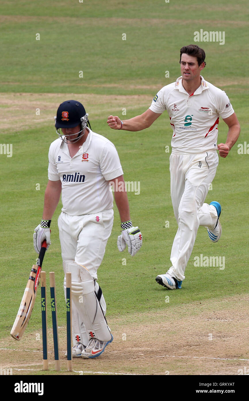 Rob Taylor of Leicestershire celebrates taking the wicket of Jesse ...