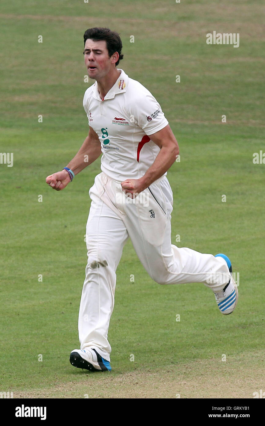 Rob Taylor of Leicestershire celebrates the wicket of Graham Napier ...