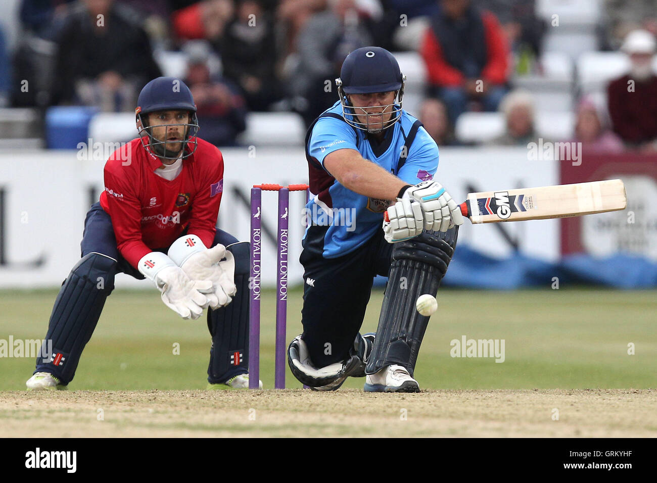 Richard Levi in batting action for Northants as James Foster looks on ...