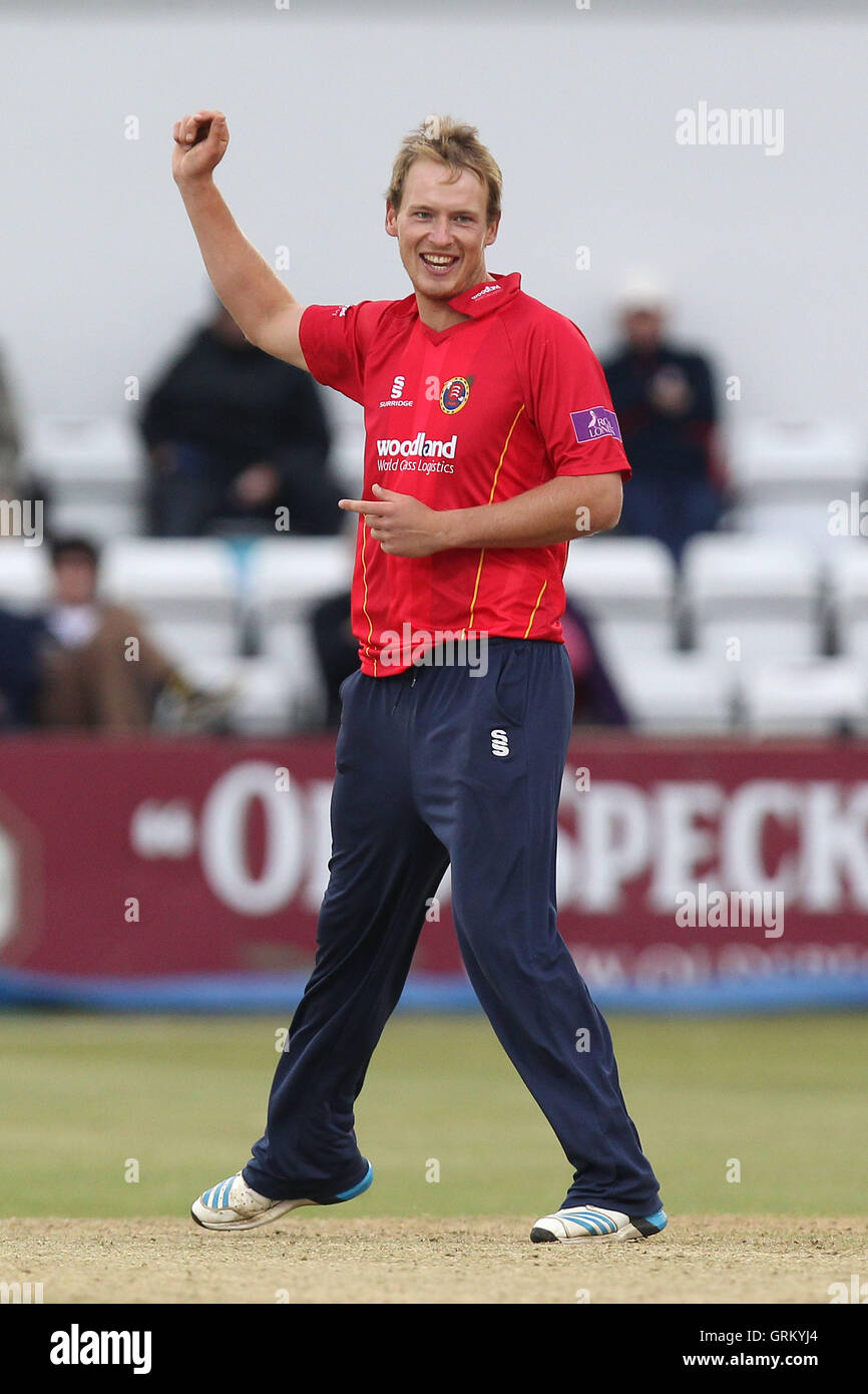 Tom Westley of Essex celebrates the wicket of Matthew Spriegel ...