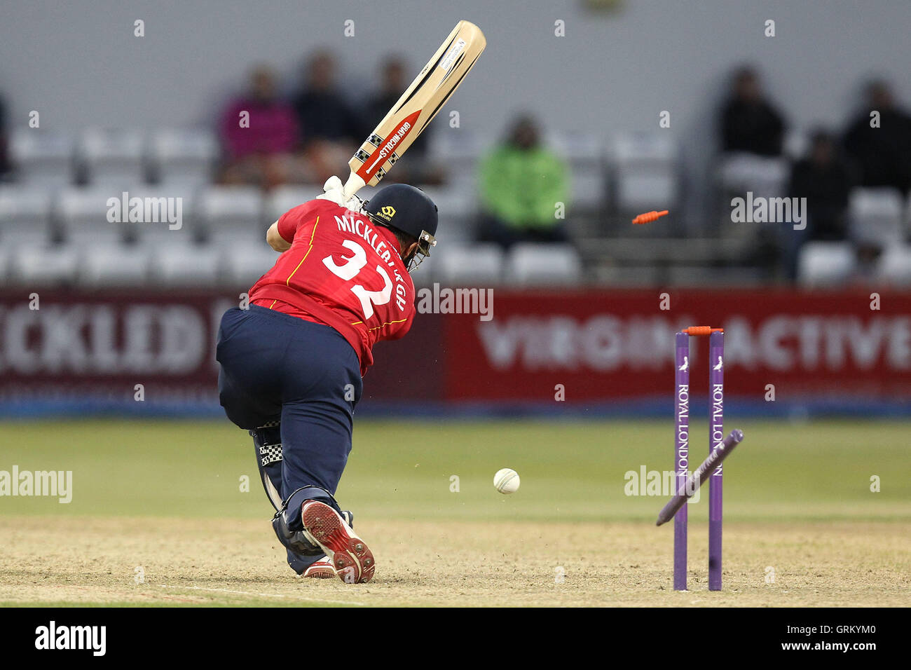 Jaik Mickleburgh of Essex is bowled out by David Willey ...