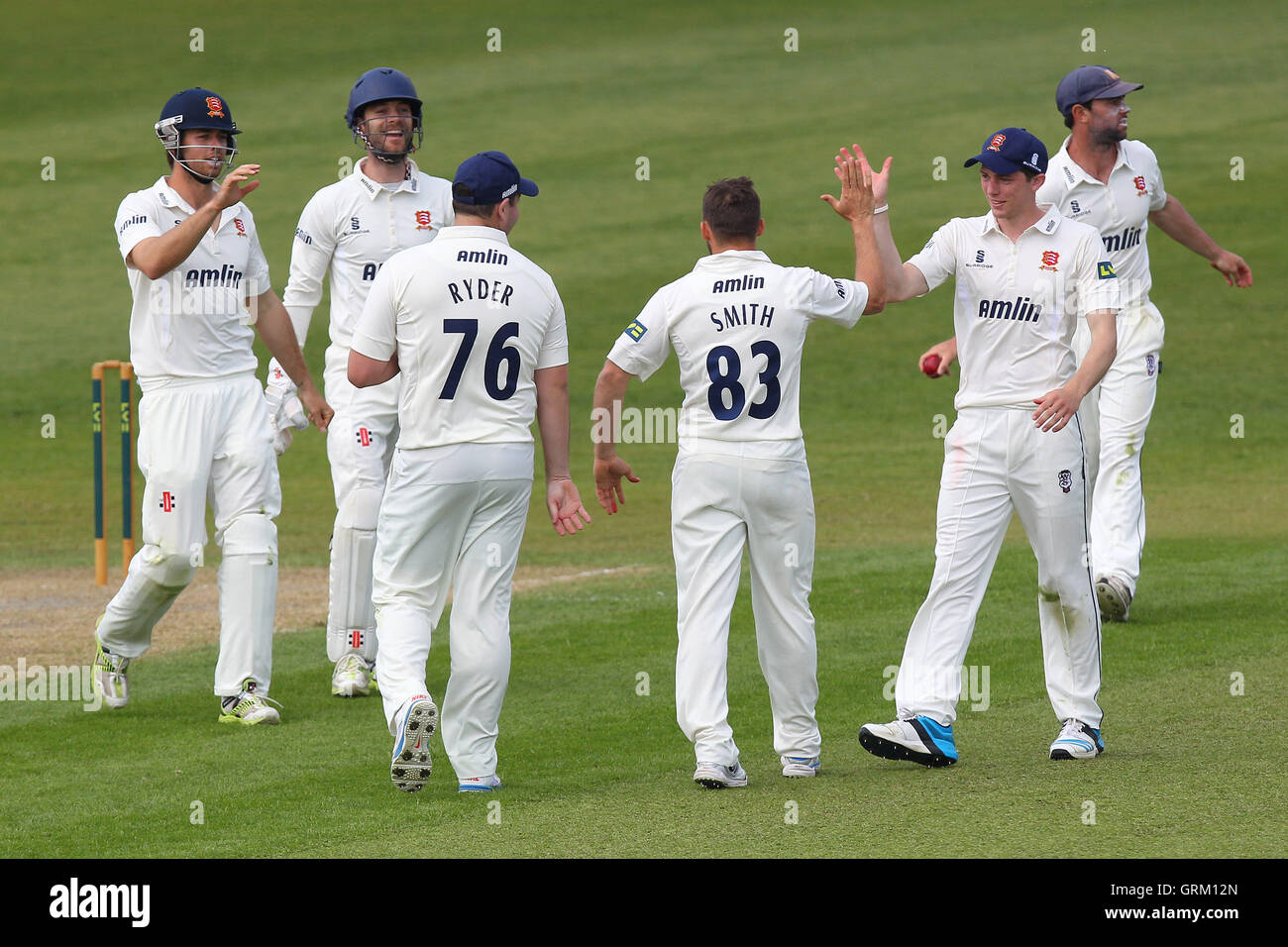 Greg Smith of Essex celebrates the wicket of Matthew Pardoe ...
