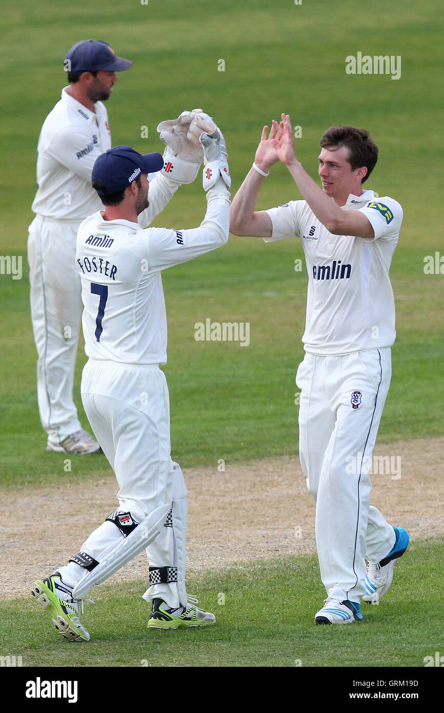 Matt Salisbury of Essex celebrates the wicket of Matthew Pardoe ...