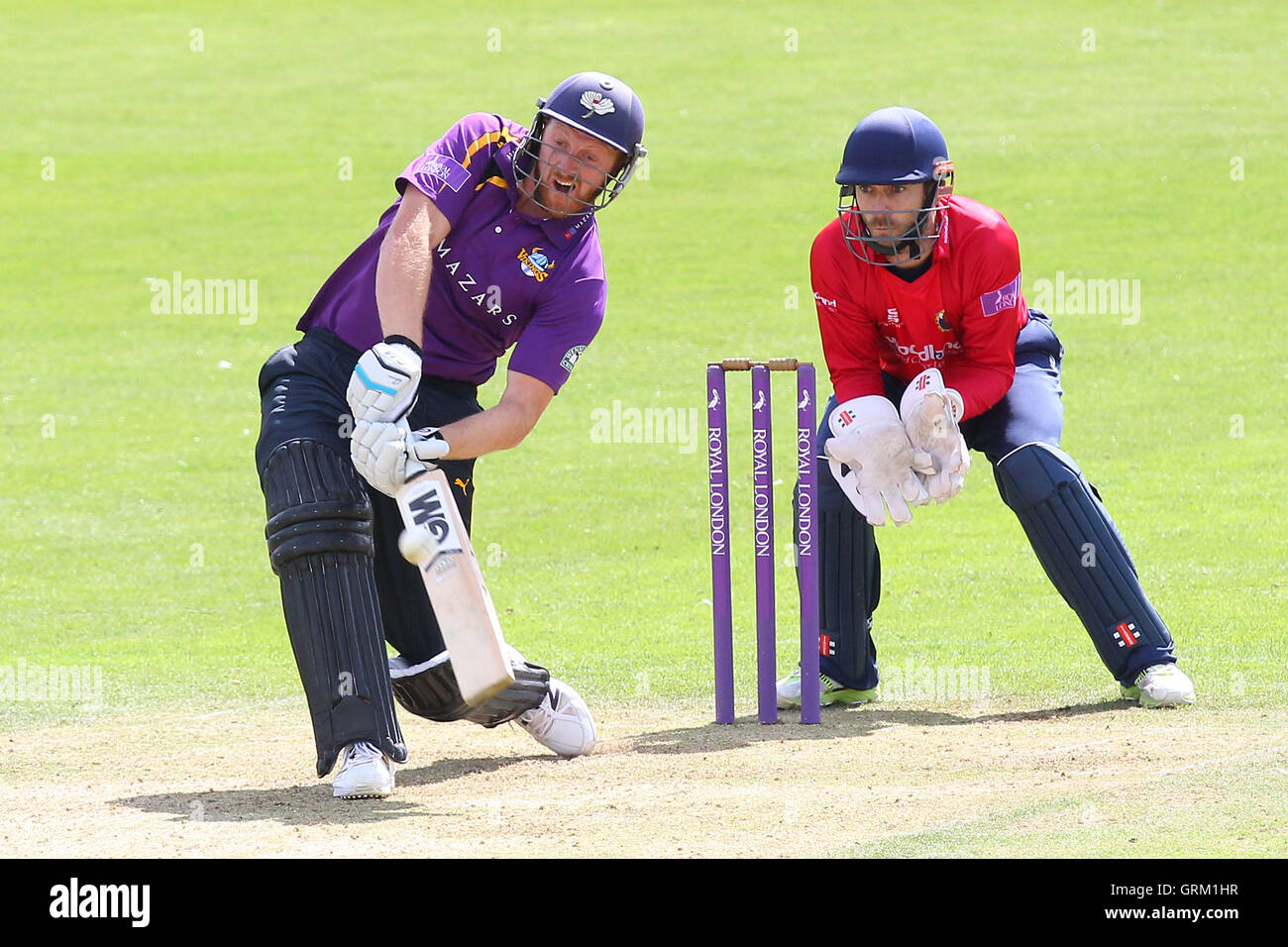 Andrew Gale hits six runs for Yorkshire as James Foster looks on ...