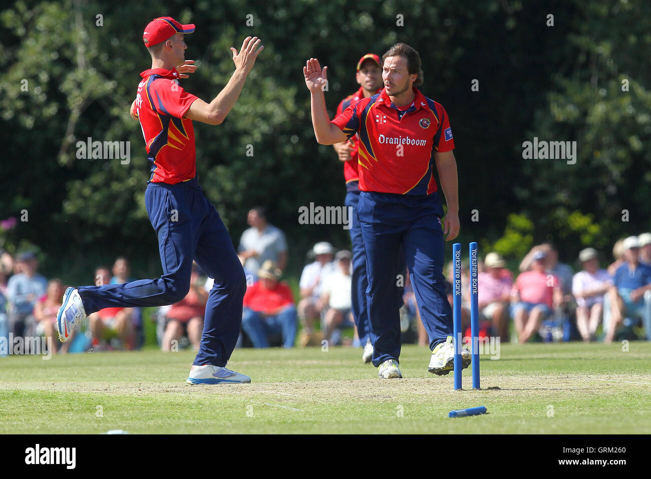 Graham Napier of Essex (R) celebrates the wicket of Richard Johnson ...