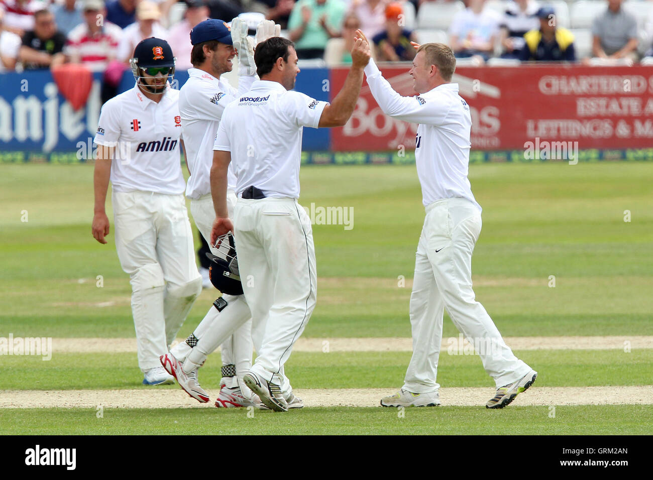 Tom Craddock of Essex (R) celebrates the wicket of Steven Finn - Essex ...