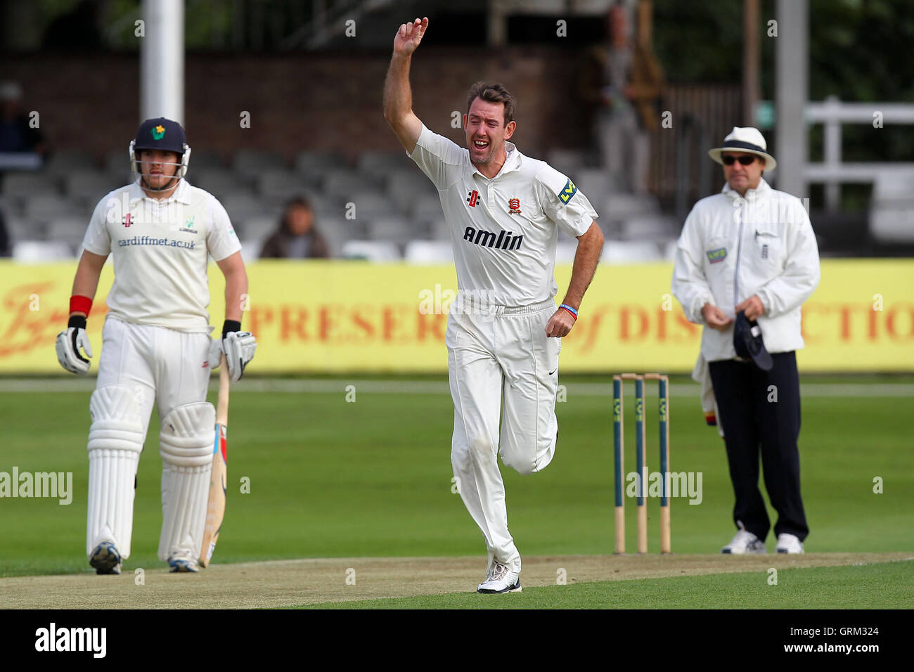 David Masters of Essex celebrates taking the wicket of Gareth Rees ...