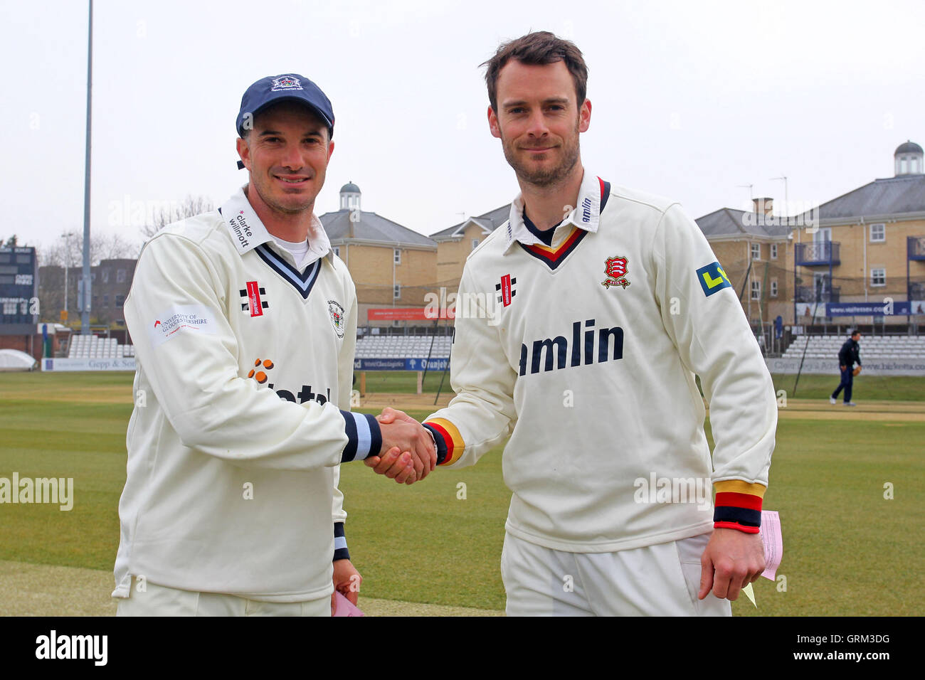 Captains Michael Klinger of Gloucestershire (L) and James Foster of ...
