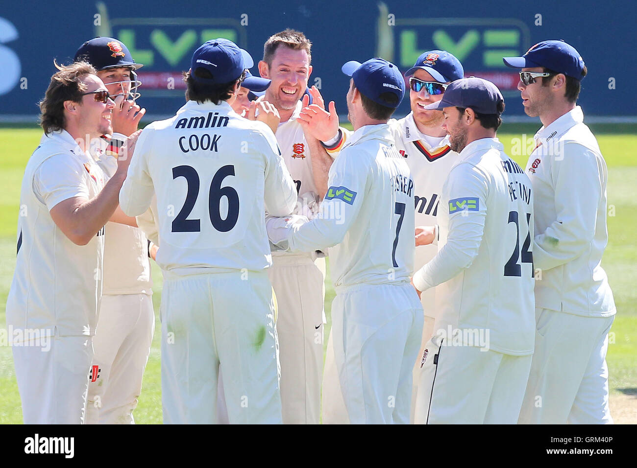 David Masters of Essex (C) celebrates the wicket of James Vince - Essex ...