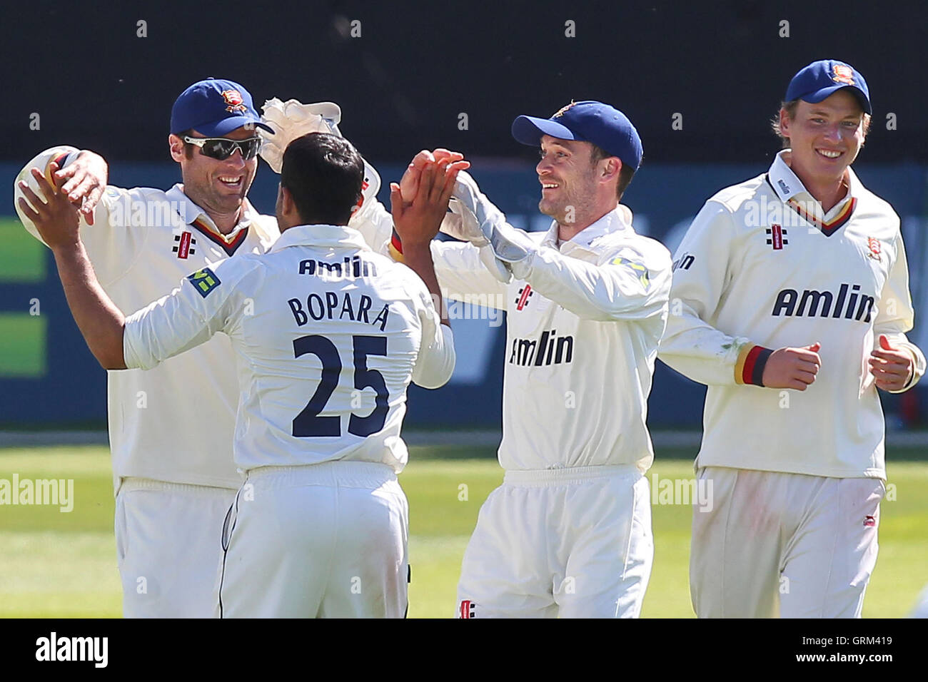 Ravi Bopara of Essex celebrates the wicket of David Balcombe with his ...