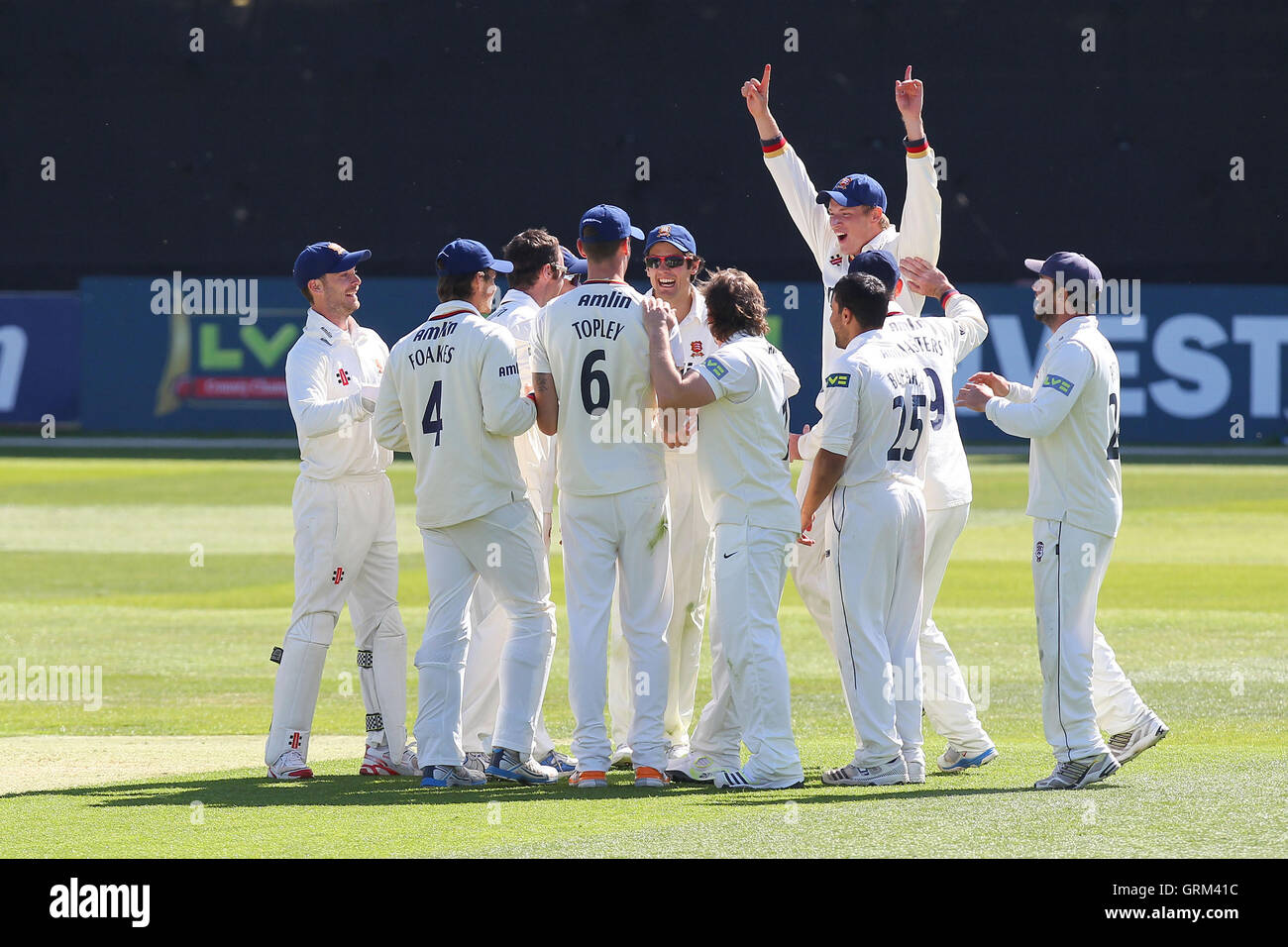 Ravi Bopara of Essex celebrates the wicket of David Balcombe with his ...
