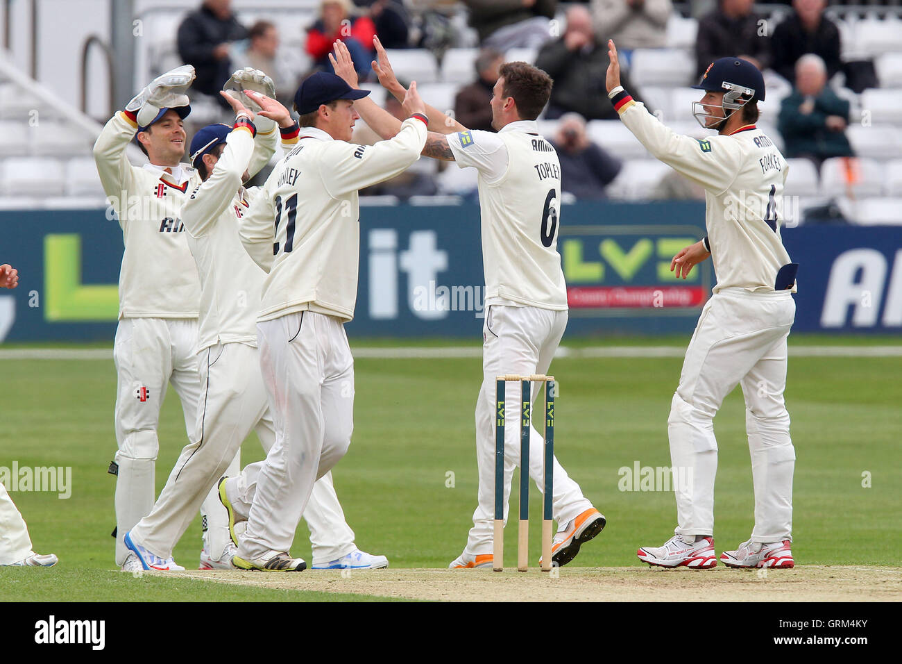 Reece Topley of Essex celebrates the wicket of Michael Powell with his ...