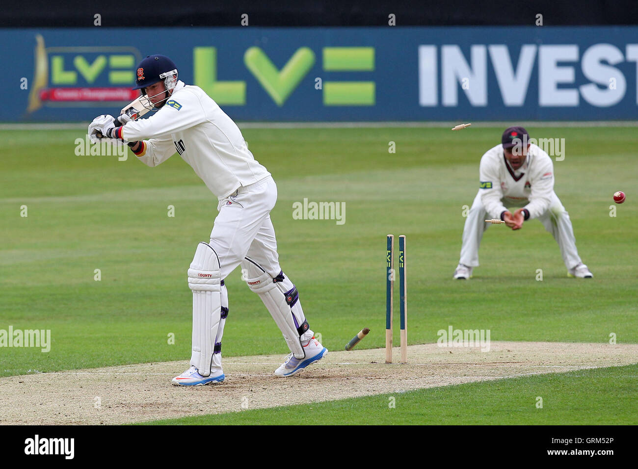 Reece Topley of Essex is bowled out by Glen Chapple - Essex CCC vs ...