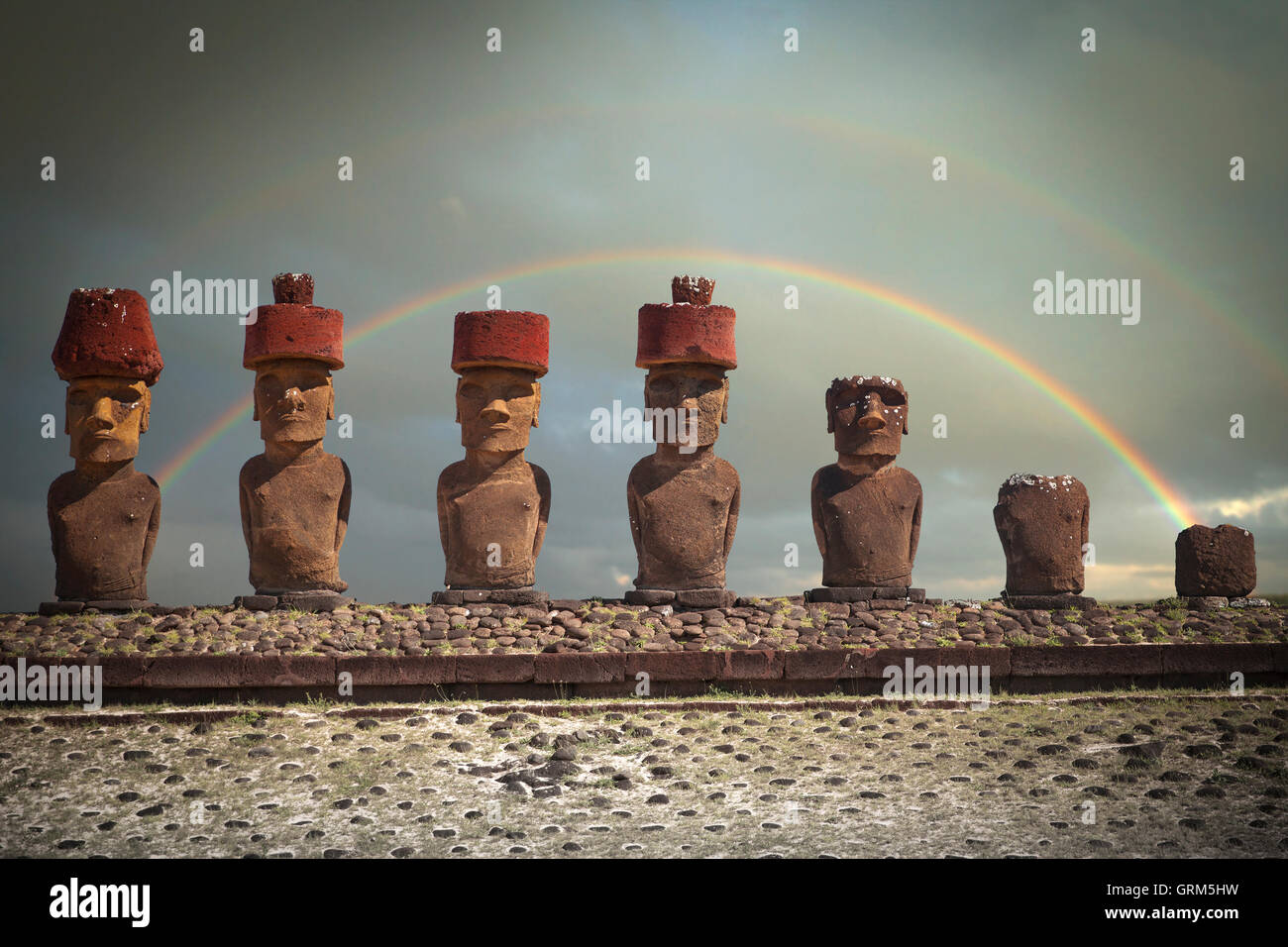 rainbow. Moais at Ahu Tongariki (Easter island, Chile Stock Photo - Alamy