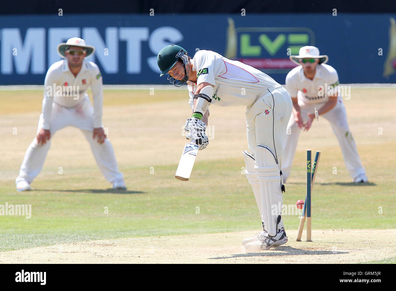 Alex Wyatt of Leicestershire is bowled out by Graham Napier for his ...