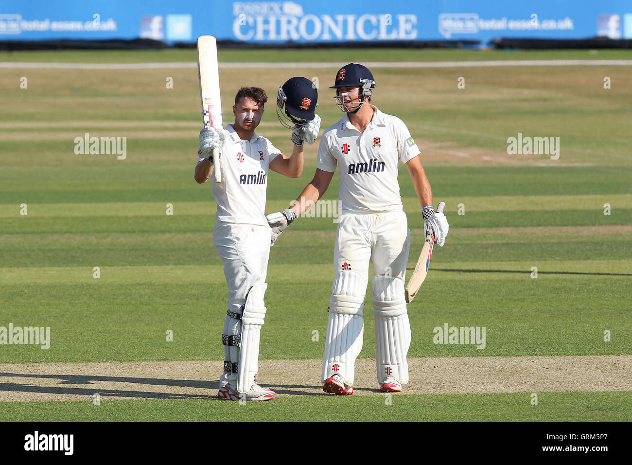 Delight for Jaik Mickleburgh (L) of Essex as he celebrates his century ...