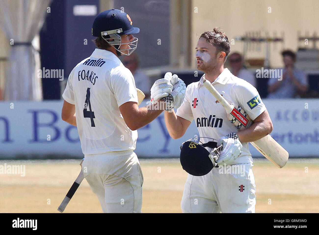 Jaik Mickleburgh of Essex (R) celebrates a double century, 200 runs for ...