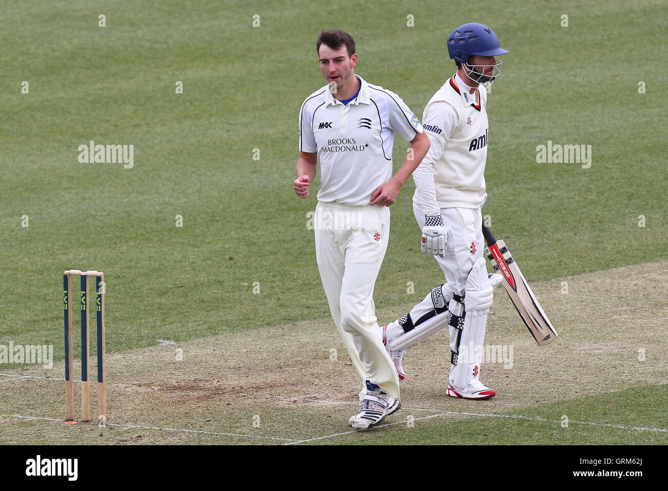 Toby Roland-Jones of Middlesex celebrates the wicket of James Foster ...