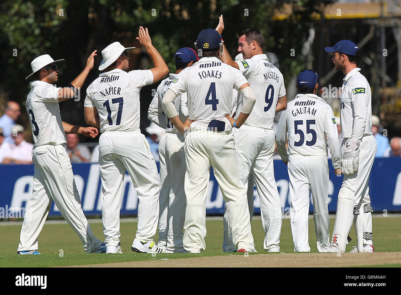 David Masters of Essex (3rd R) celebrates the wicket of James ...