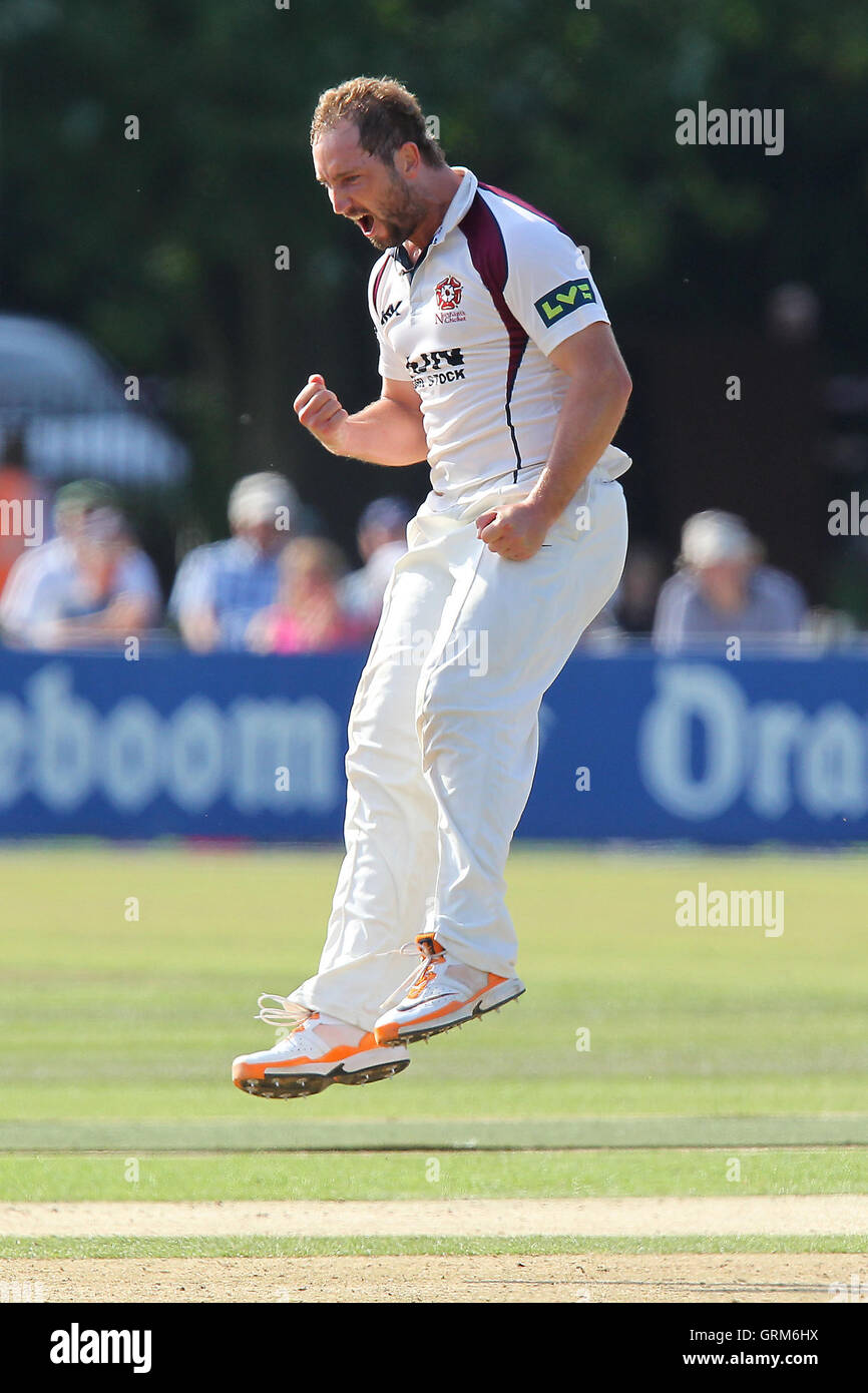 Steven Crook of Northants celebrates the wicket of Gautam Gambhir ...