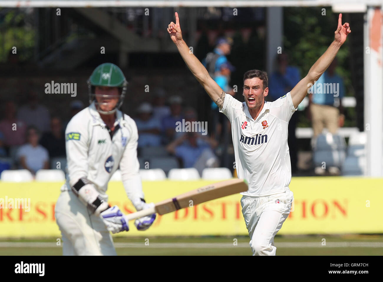 Reece Topley of Essex celebrates taking the final Worcestershire wicket ...