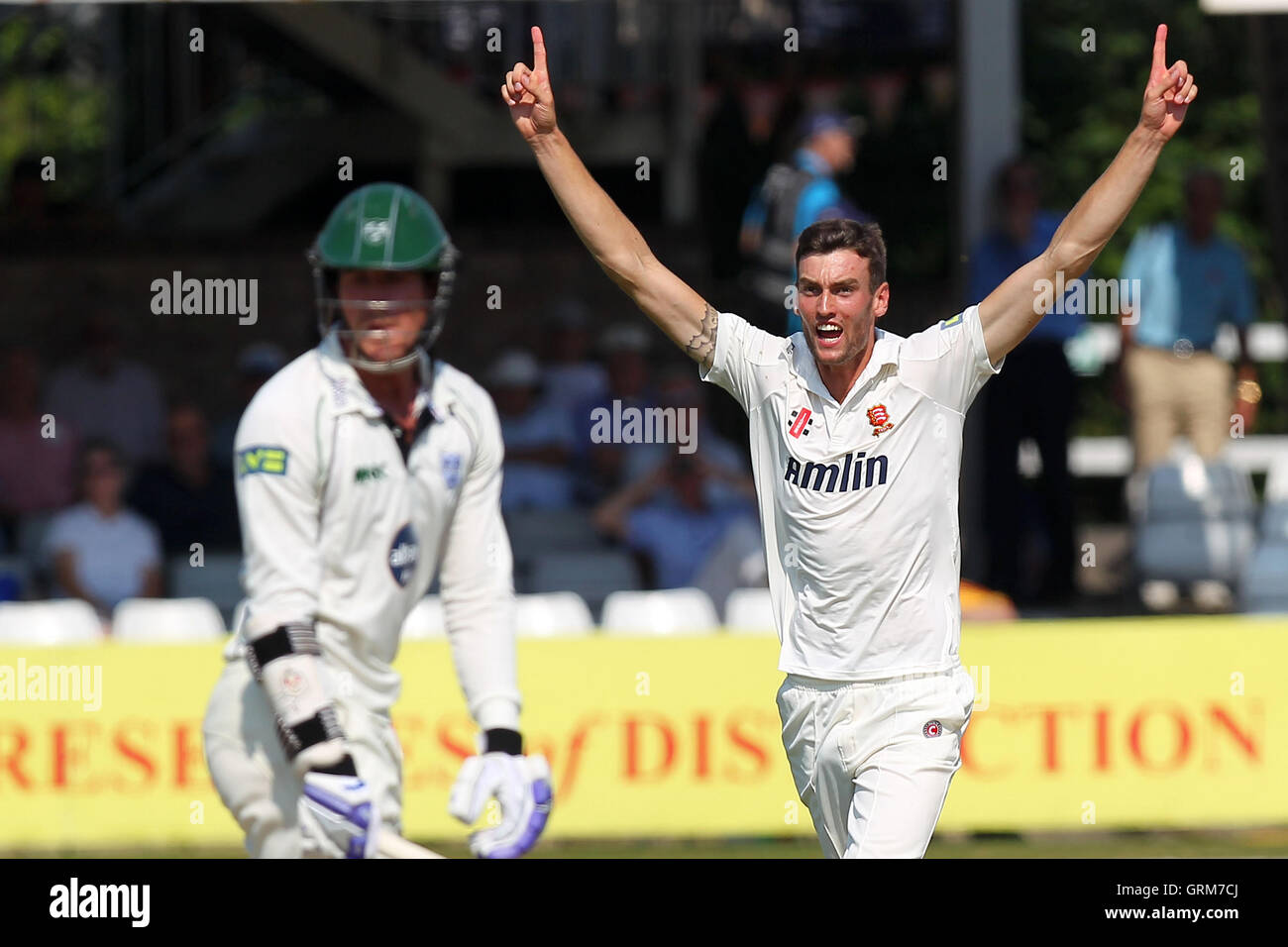Reece Topley of Essex celebrates taking the final Worcestershire wicket ...