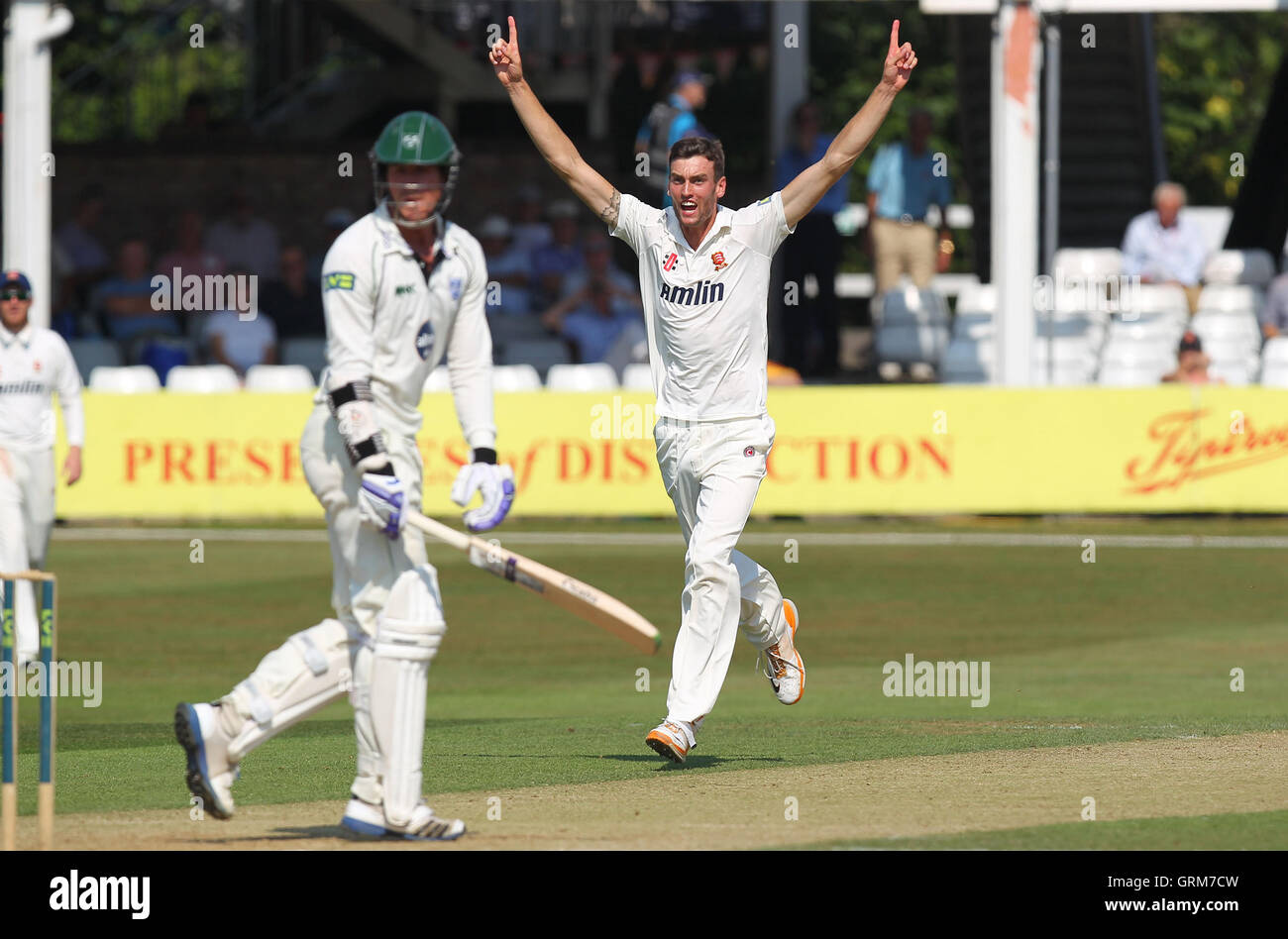 Reece Topley of Essex celebrates taking the final Worcestershire wicket ...