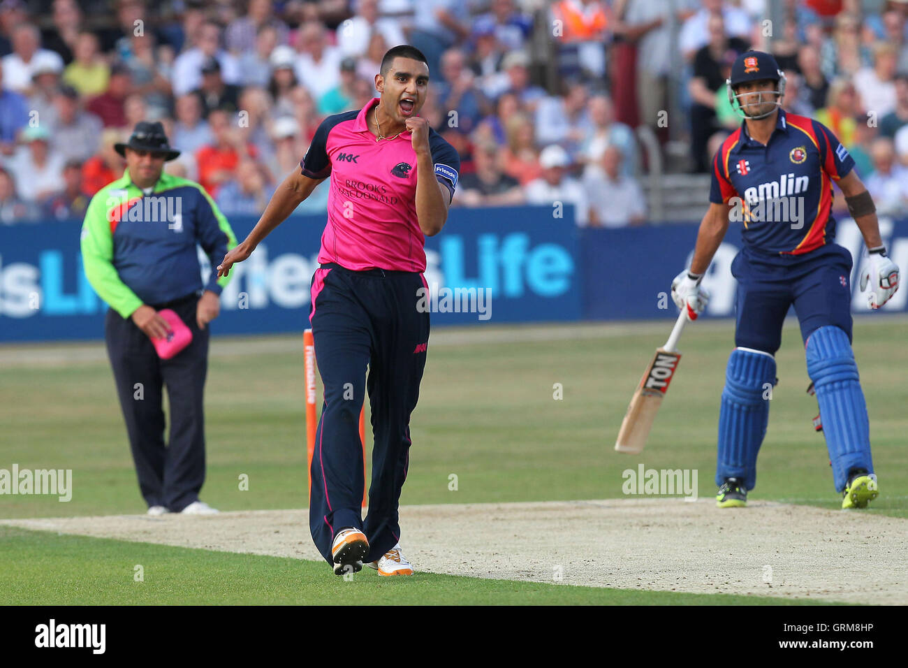 Gurjit Sandhu of Middlesex celebrates the wicket of Jaik Mickleburgh ...