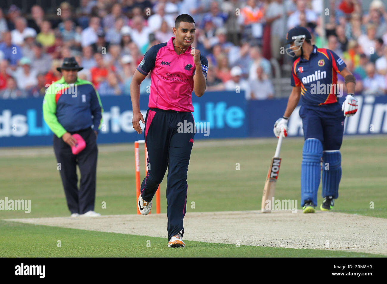 Gurjit Sandhu of Middlesex celebrates the wicket of Jaik Mickleburgh ...