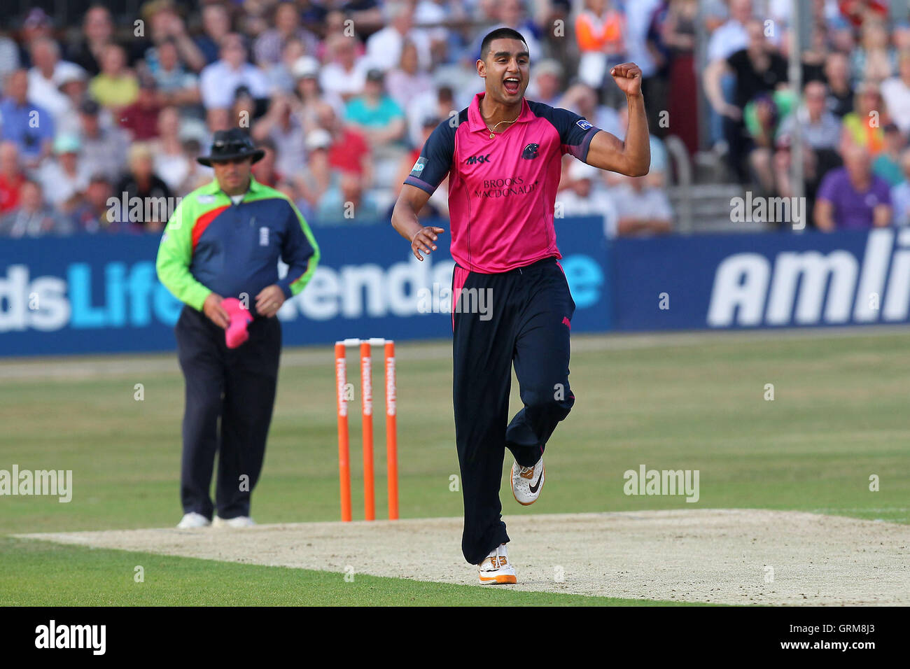 Gurjit Sandhu of Middlesex celebrates the wicket of Ryan ten Doeschate ...