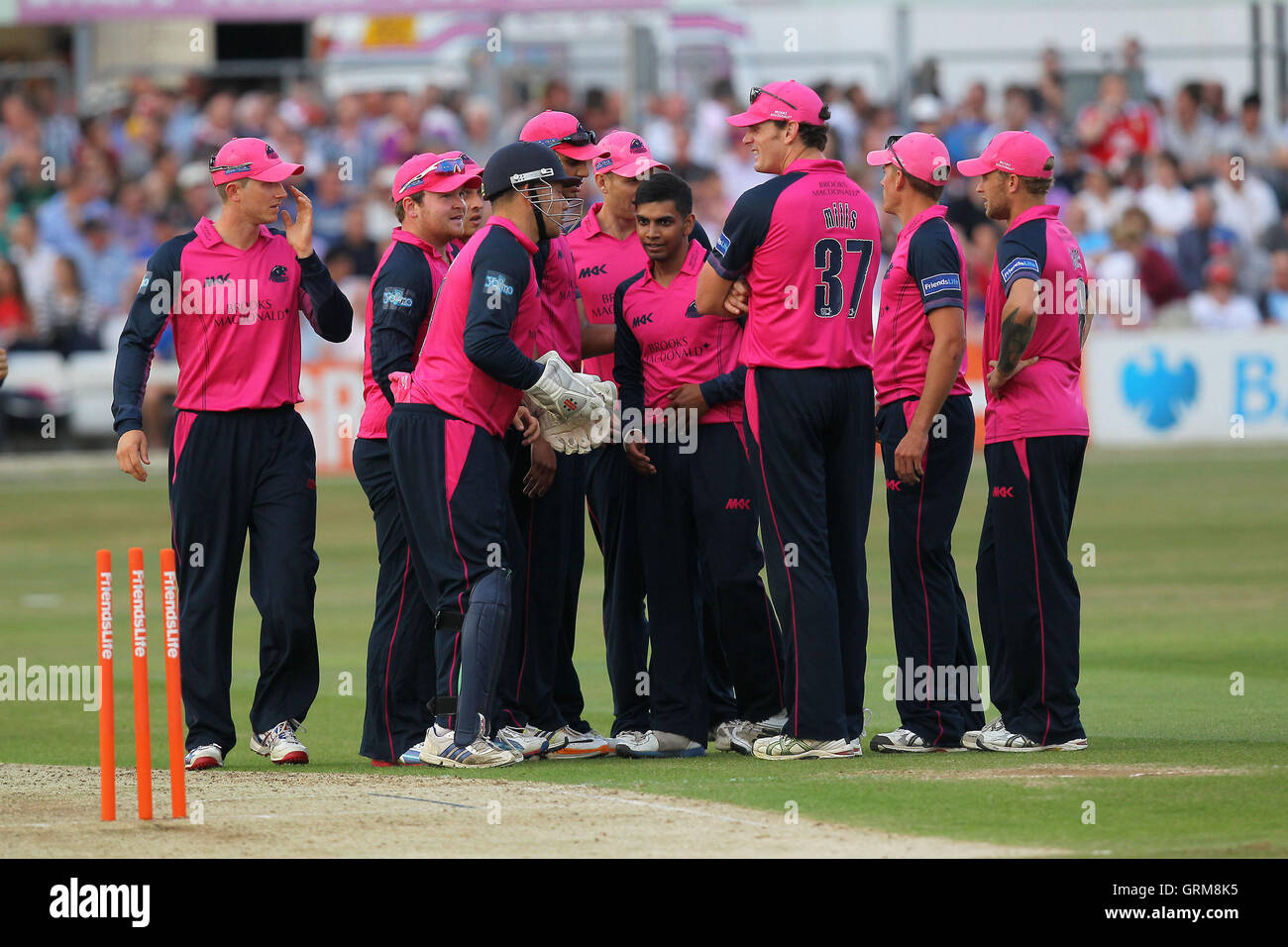 Ravi Patel (C) of Middlesex celebrates the wicket of Owais Shah - Essex ...