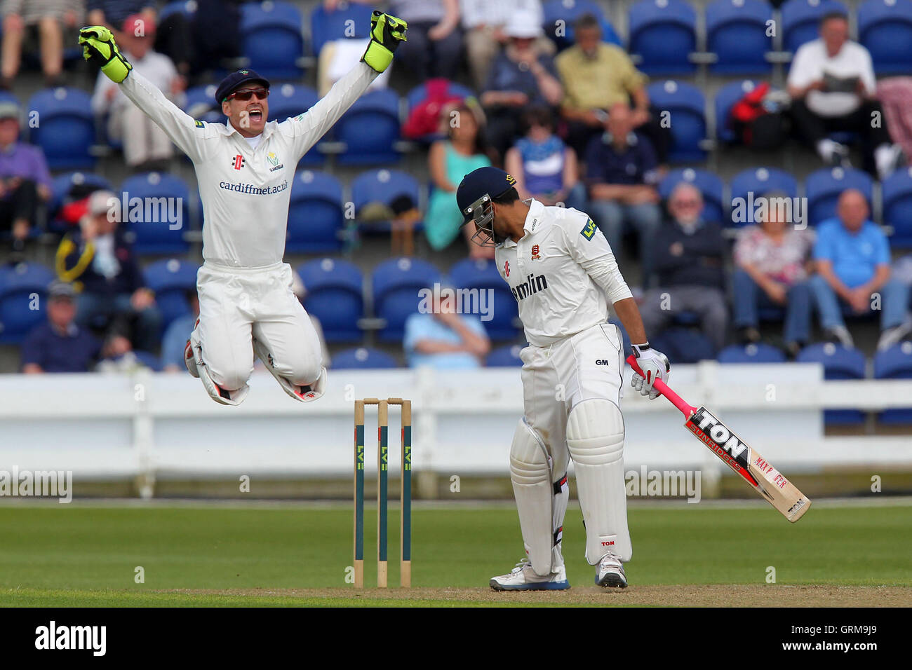 A big appeal by Mark Wallace of Glamorgan for the wicket of Ravi Bopara ...