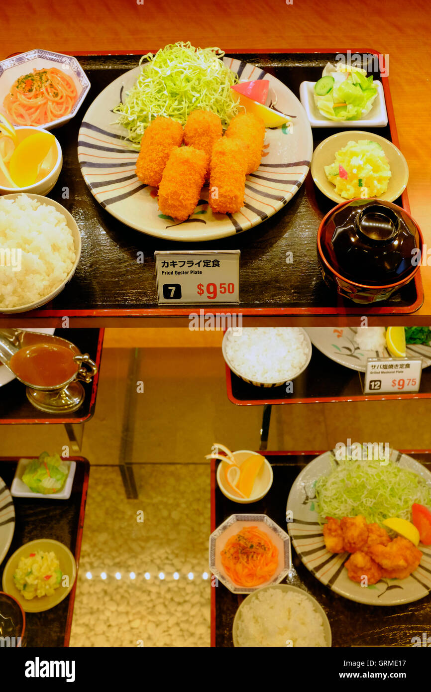 Plastic food samples display in the window of a Japanese restaurant ...