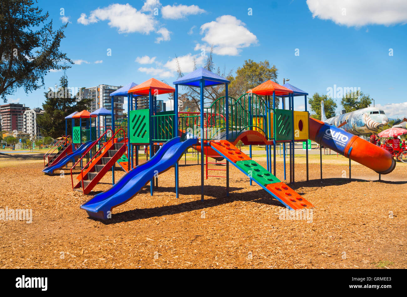 QUITO, ECUADOR - 8 AUGUST, 2016: Colorful public playground towers with ...