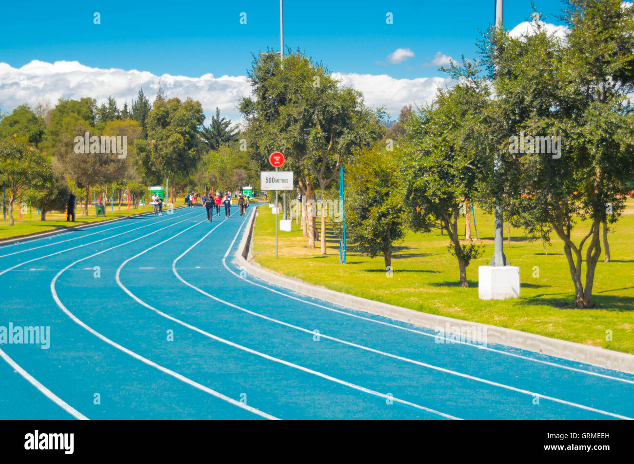 Blue colored athletic running track located in inner city park, trees ...