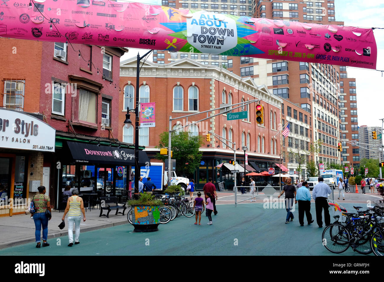 Pedestrian plaza with historic architectures at Newark Avenue in Historic Downtown of Jersey ...