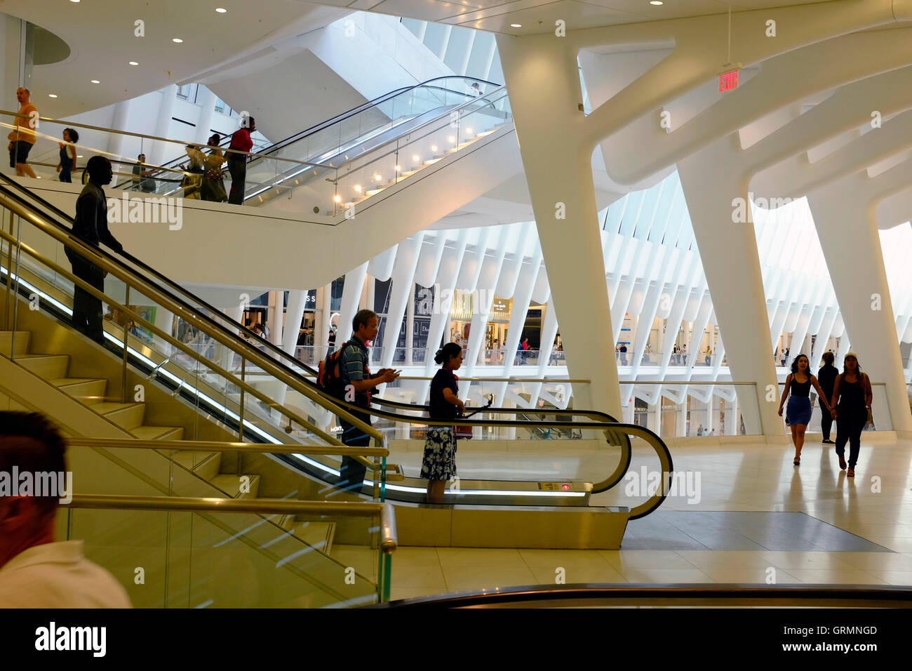 Shoppes and visitors on escalator in Westfield World Trade Center mall ...