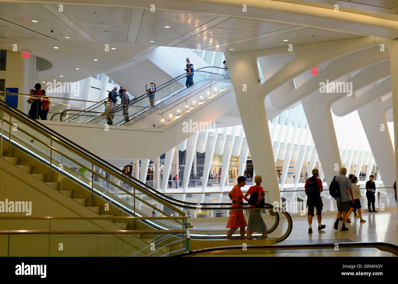 Shoppes and visitors on escalator in Westfield World Trade Center mall ...