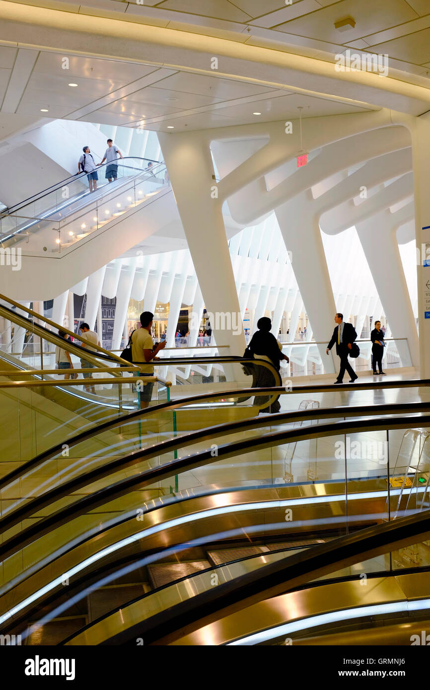 Shoppes and visitors on escalator in Westfield World Trade Center mall ...