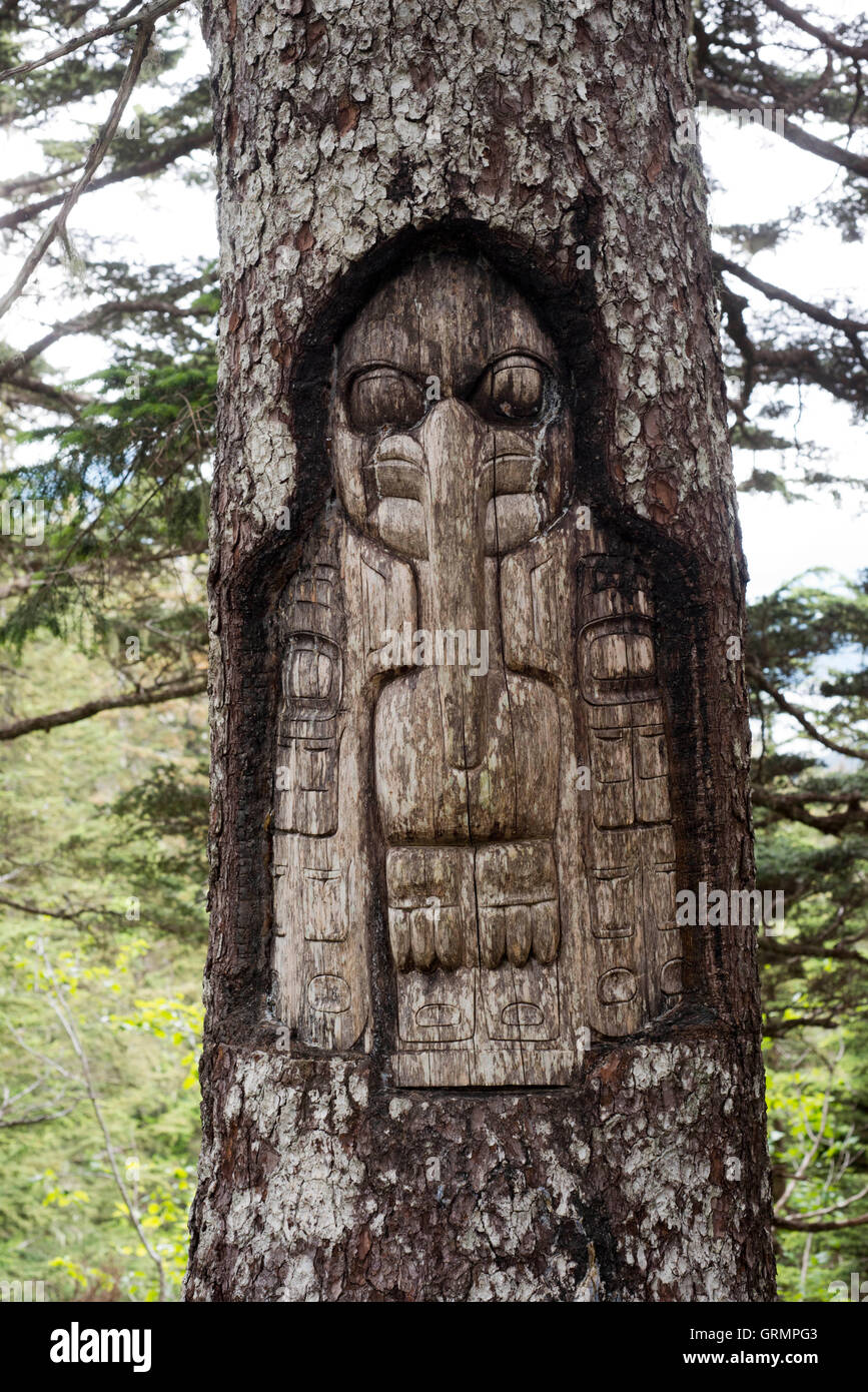 Sign, The Raven clan territory, tree carving, Tlingit Indians, Juneau ...