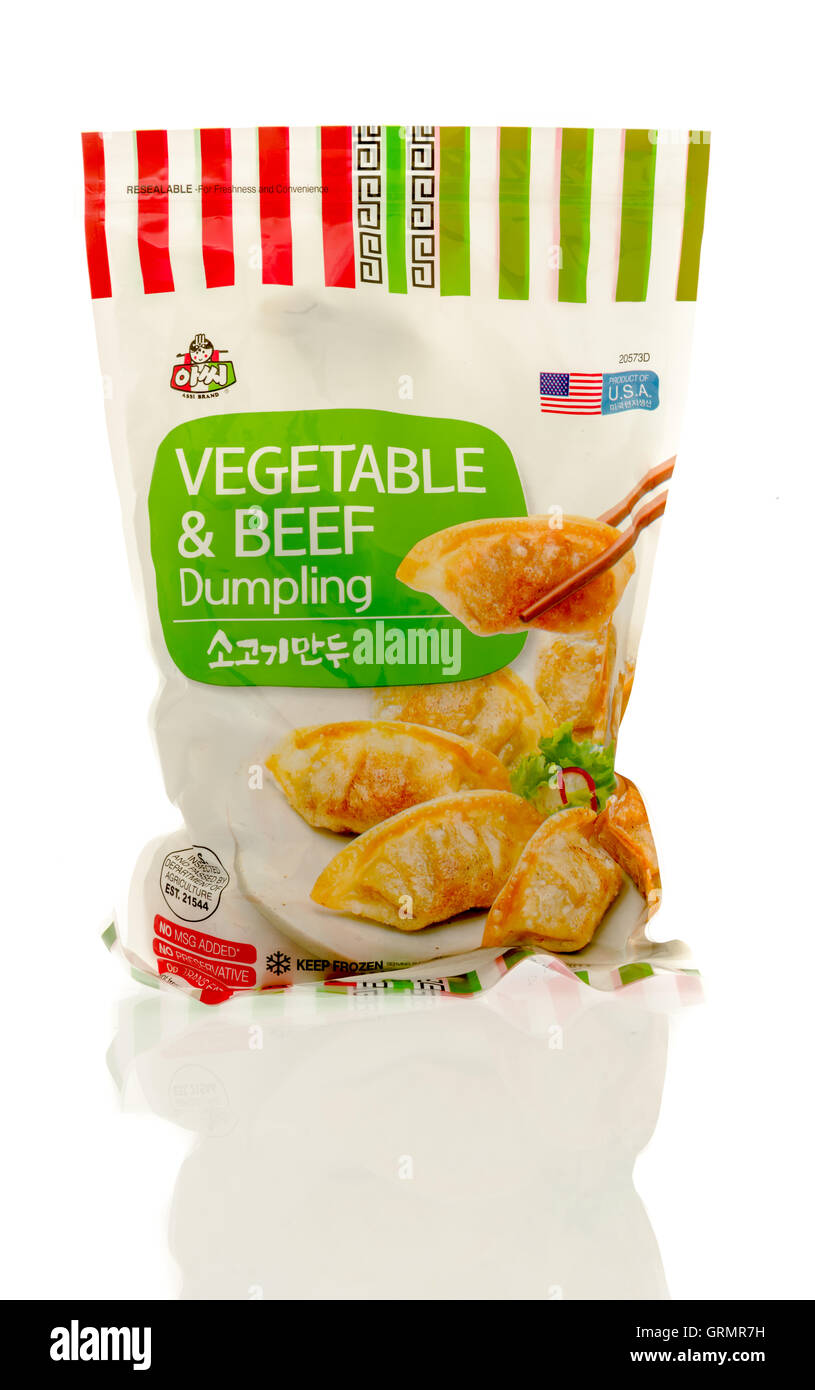 Winneconne, WI - 30 August 2016: Bag of Assi vegetable & beef dumpling ...